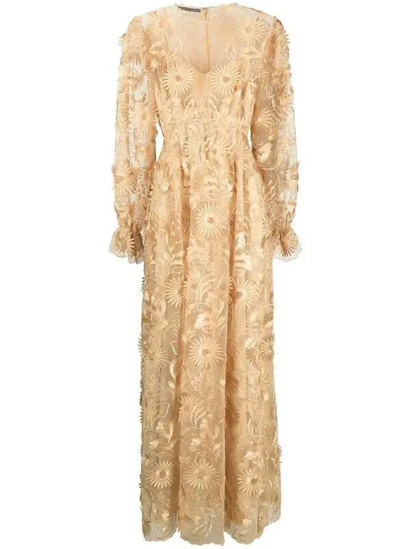 Alberta Ferretti Sunflower Macramé Gown - Neutrals