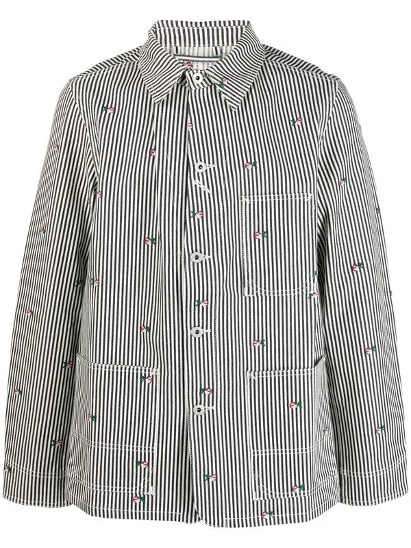 Kenzo Floral-embroidered Striped Shirt Jacket - White