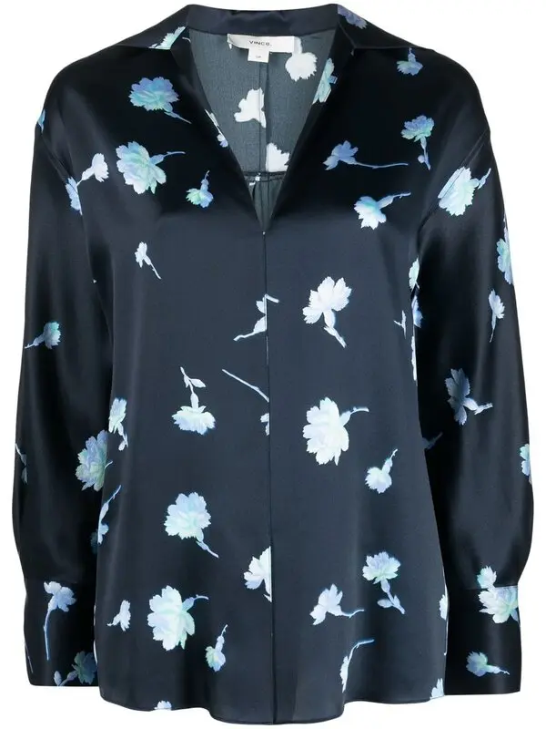 Vince Floral Print Silk Blouse - Blue