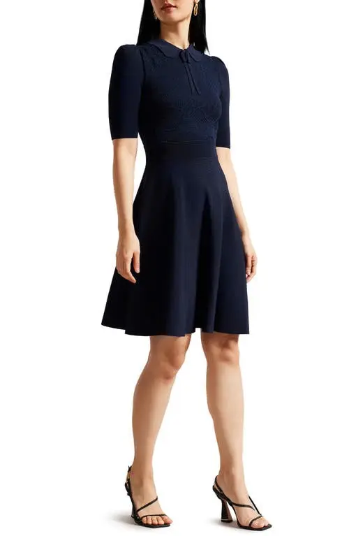 Ted Baker London Pointelle Bodice Fit & Flare Dress In Dark Blue - 60% Off  | Editorialist