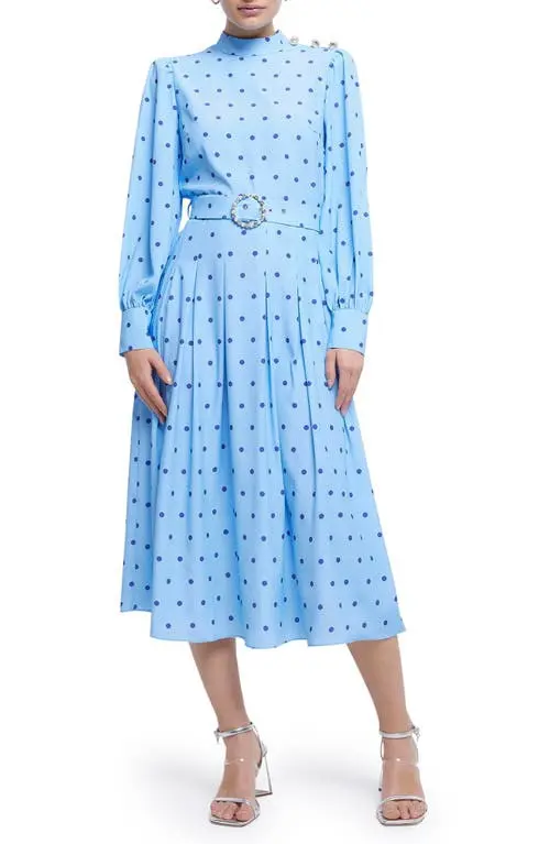 RIVER ISLAND Polka Dot Belted Long Sleeve Midi Dress
