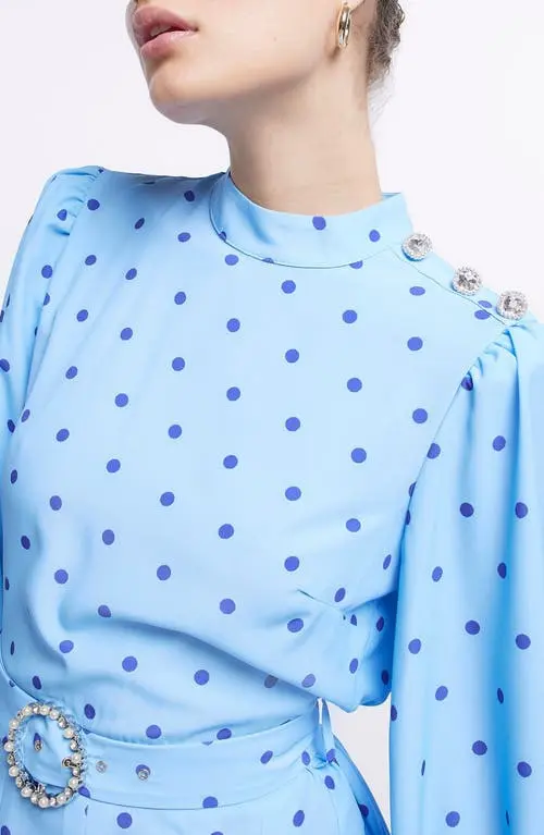 RIVER ISLAND Polka Dot Belted Long Sleeve Midi Dress