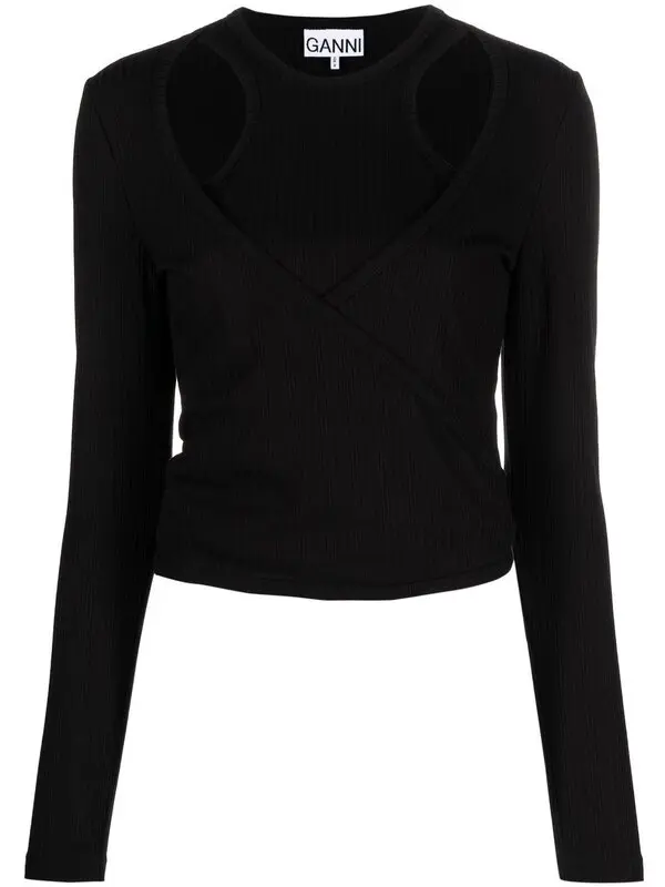 GANNI Ribbed Jersey Wrap Blouse
