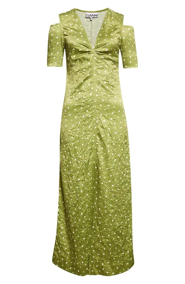 ganni green crinkle dress Ganni Cold Shoulder Crinkled Satin Maxi Dress In Going Green - 63% Off