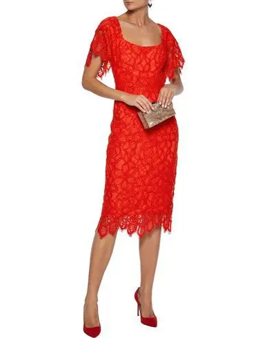 Lela Rose Lace Bodycon Midi Dress - Tomato Red
