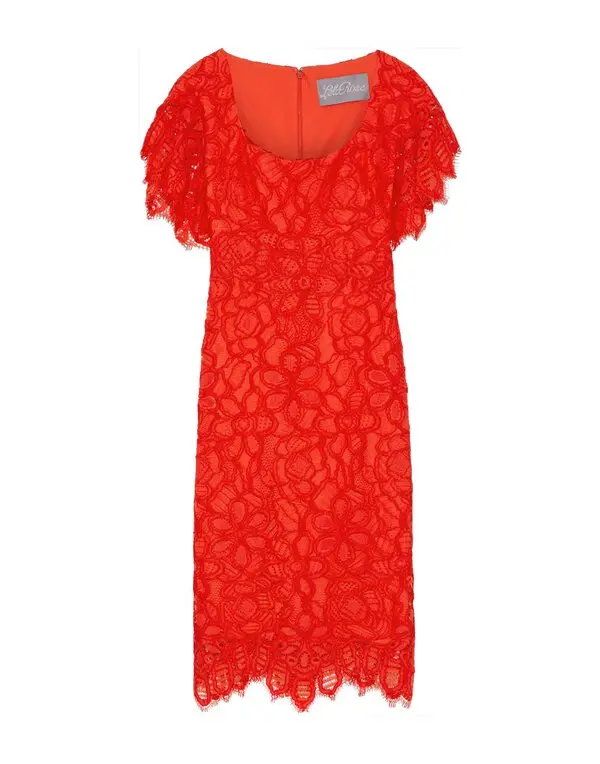 Lela Rose Lace Bodycon Midi Dress - Tomato Red