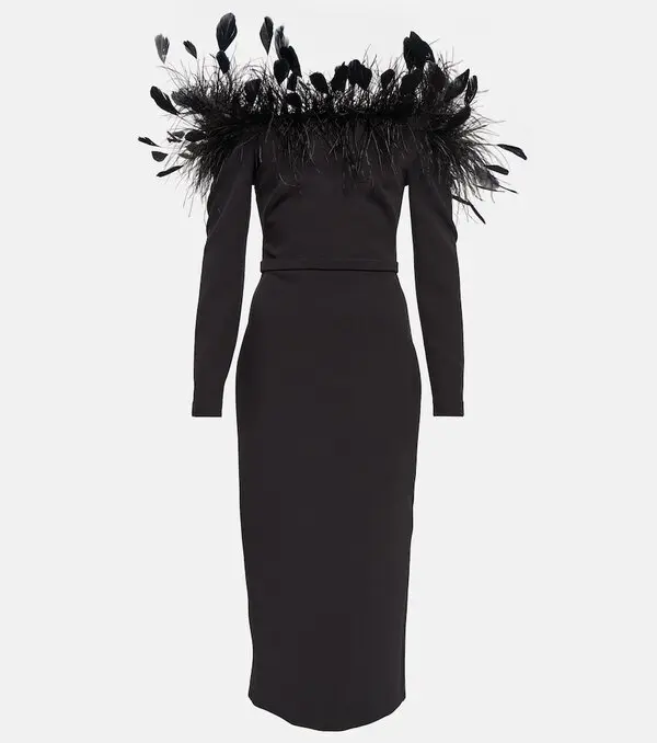 Safiyaa Feather-trimmed Midi Dress - Black