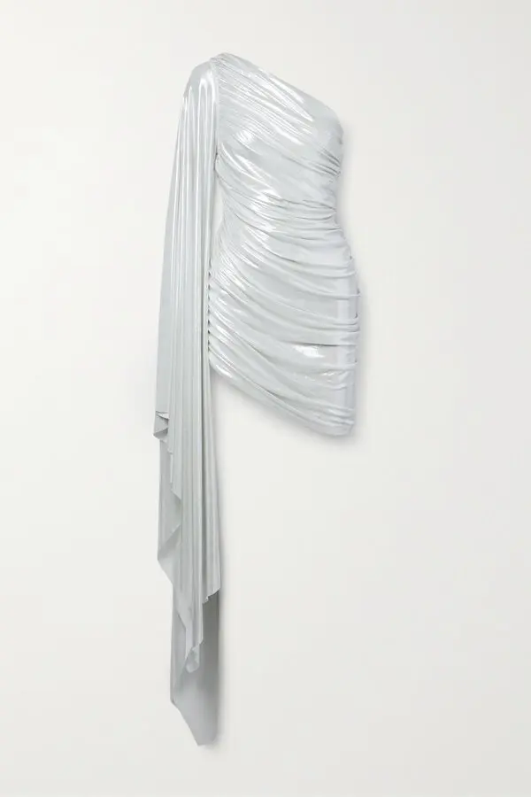 Norma Kamali Diana One-sleeve Draped Ruched Stretch-lamé Dress