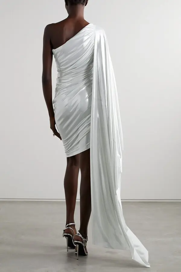 Norma Kamali Diana One-sleeve Draped Ruched Stretch-lamé Dress