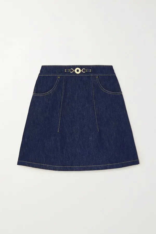 PATOU Embellished Topstitched Denim Mini Skirt - Blue