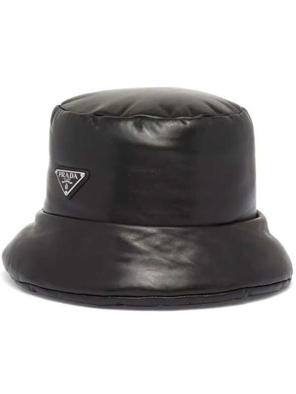 Prada Enamelled-logo Nappa Leather Bucket Hat - Black
