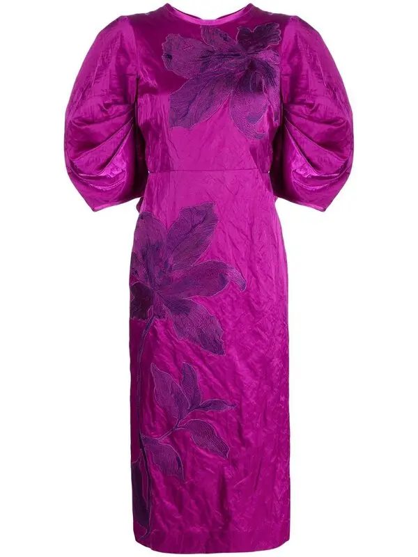 Erdem Floral-embroidered Puff-sleeve Midi Dress