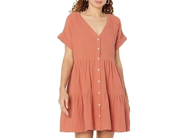 madewell short sleeve tiered mini dress Plaid Faux-Wrap Short-Sleeve Tiered Mini Dress
