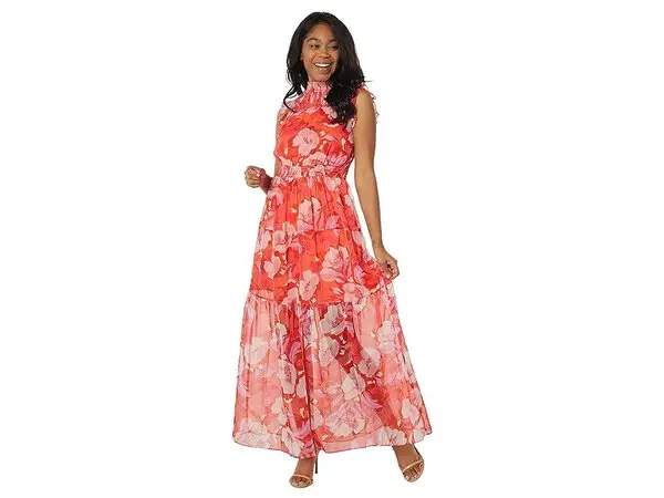 Vince Camuto Floral Chiffon Maxi Dress With Smocking Detail In Red - 60% Off
