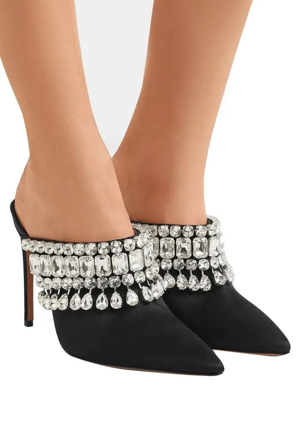 AQUAZZURA Gem Palace Crystal-embellished Satin Mules