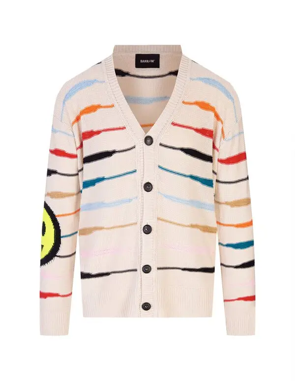 BARROW Butter Cardigan With Logo And Multicoloured Stripes