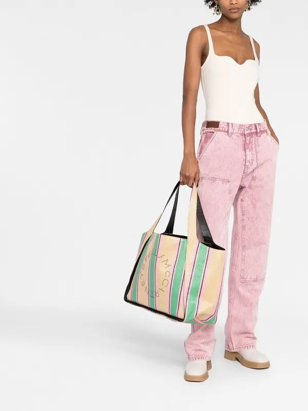 Stella McCartney Logo Striped Woven Tote Bag - Green