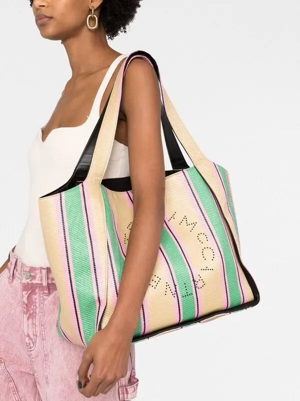 Stella McCartney Logo Striped Woven Tote Bag - Green