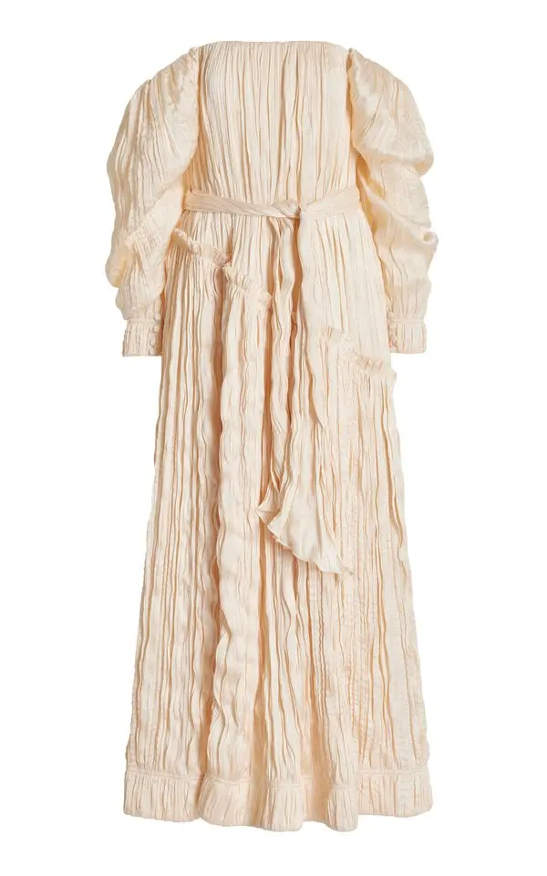 Aje Presence Off-The-Shoulder Pliss Linen-Blend Maxi Dress Au 8 In Neutral  - 70% Off | Editorialist