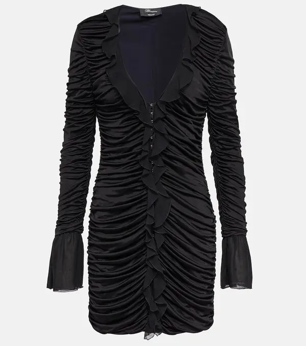 Blumarine Deep V-neck Ruched Mini Dress - Black