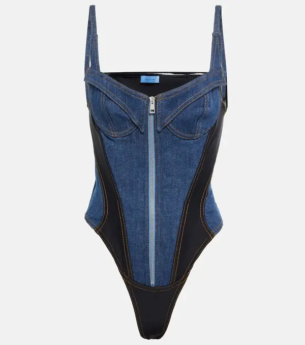 MUGLER Paneled Denim Bodysuit - Multicoloured