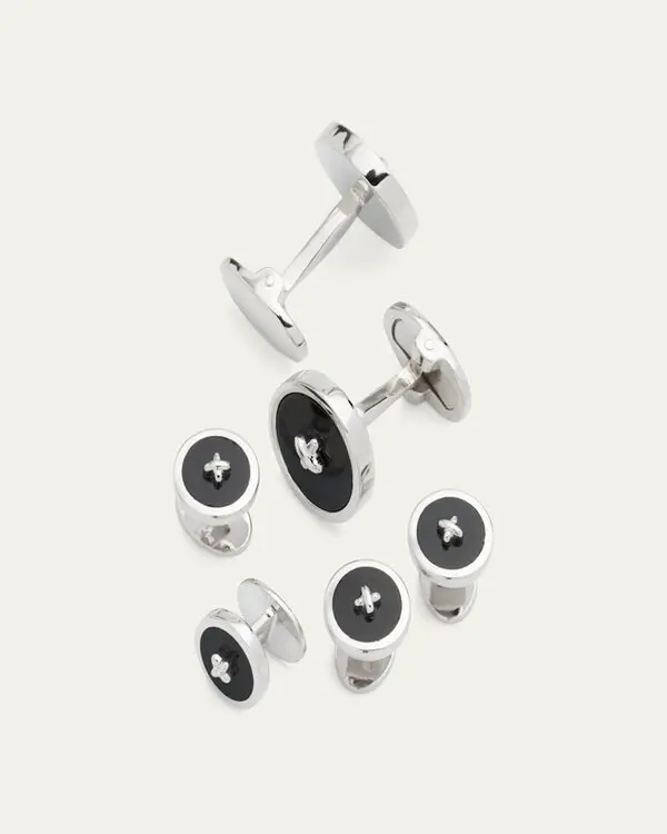 JAN LESLIE Classic Button Onyx Cufflinks %26 Studs Set