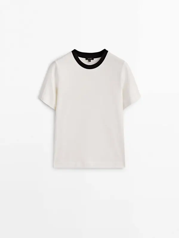 Massimo Dutti Short Sleeve Contrast T-Shirt In Cream - 57