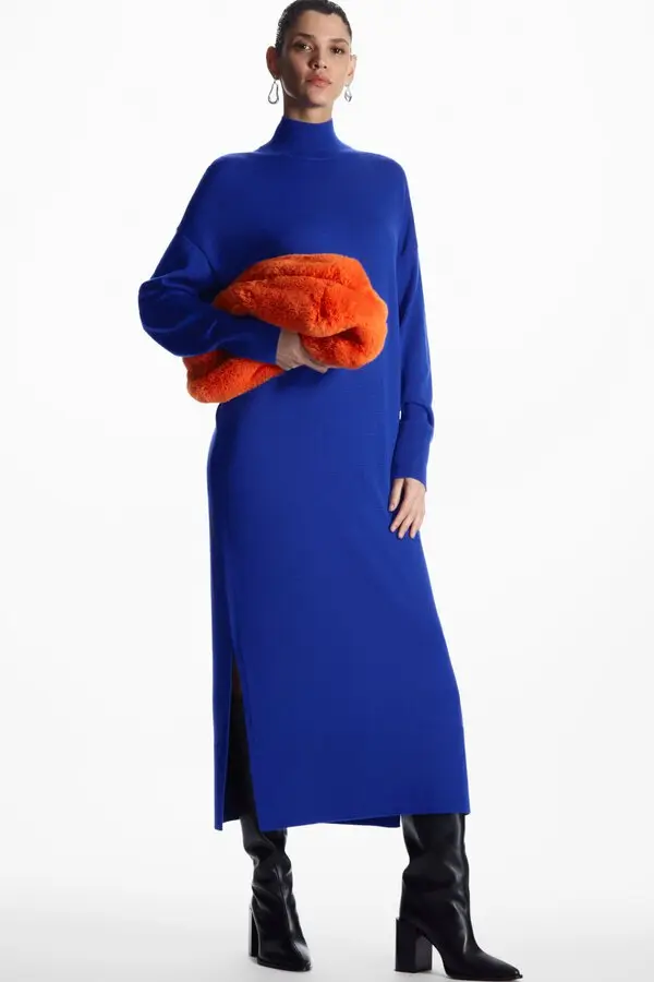 Cos Lightweight Merino-Wool Turtleneck Dress - Blue | Editorialist