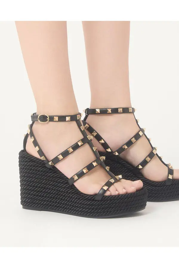 Valentino Garavani Rockstud Ankle Strap Wedge Sandal - Black