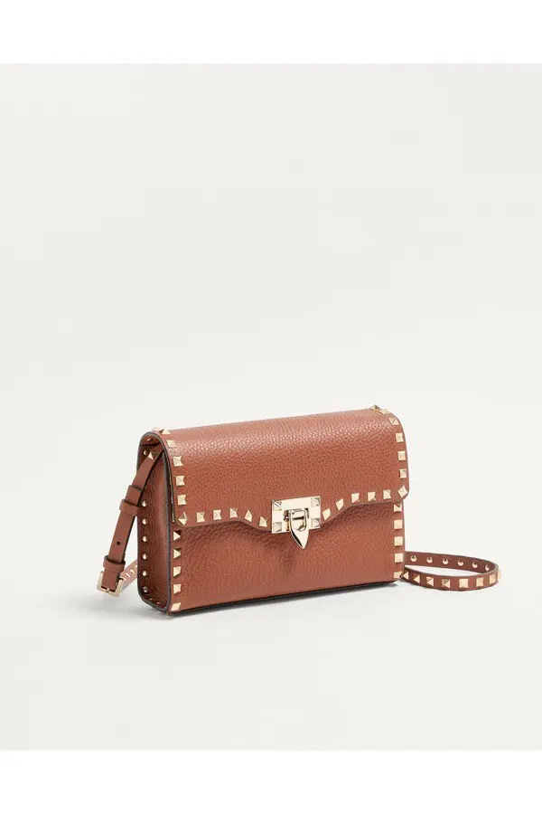 Valentino Garavani Rockstud Grainy Calfskin Crossbody Bag - Brown