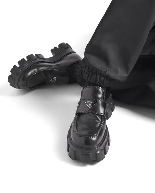 Prada Monolith Brushed Leather Loafers - Black