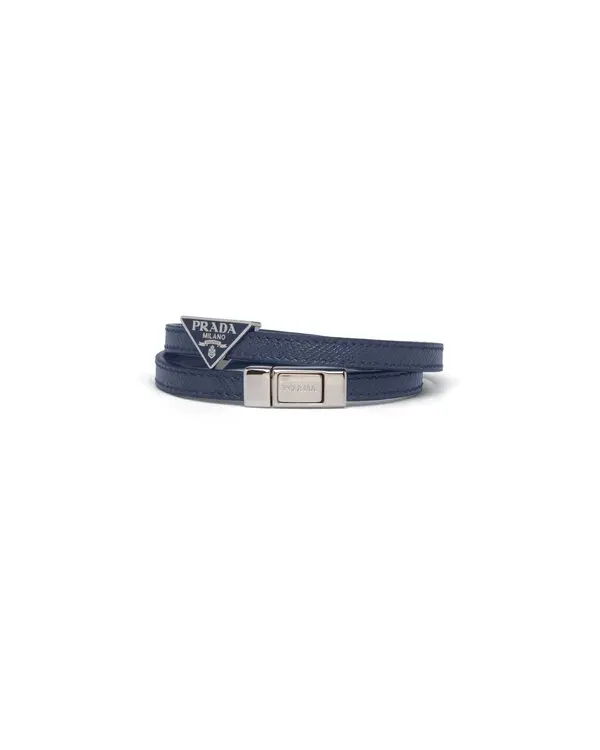 Prada Affiano Leather Bracelet With Enamel Triangle Logo - Blue