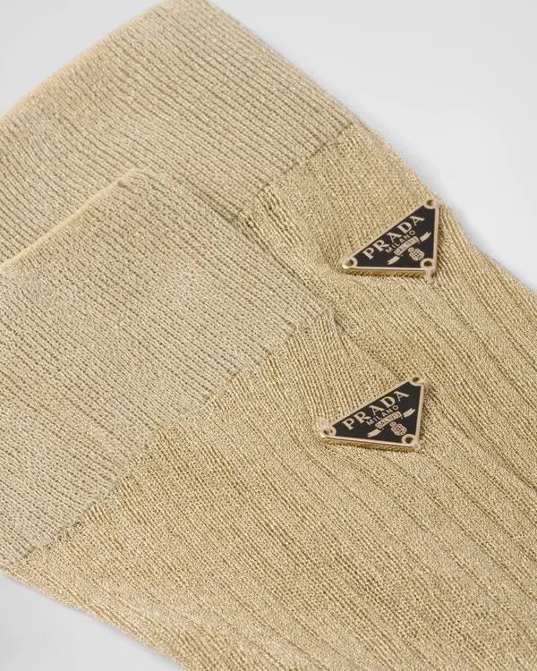 【極美品】PRADAプラダ ゴールド レディースソックスGOLD靴下 希少 限定 Prada Lurex Socks - Platinum | Editorialist