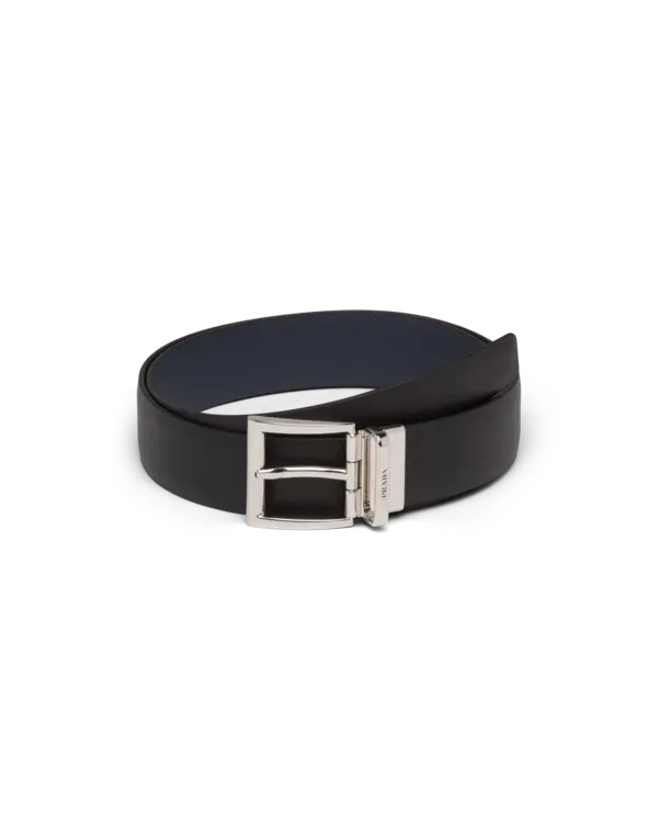 Prada Saffiano Leather Reversible Belt - Black/baltic Blue