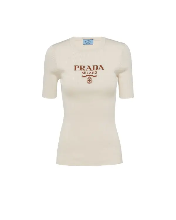 Prada Silk Crew-neck Sweater With Logo - Neutral