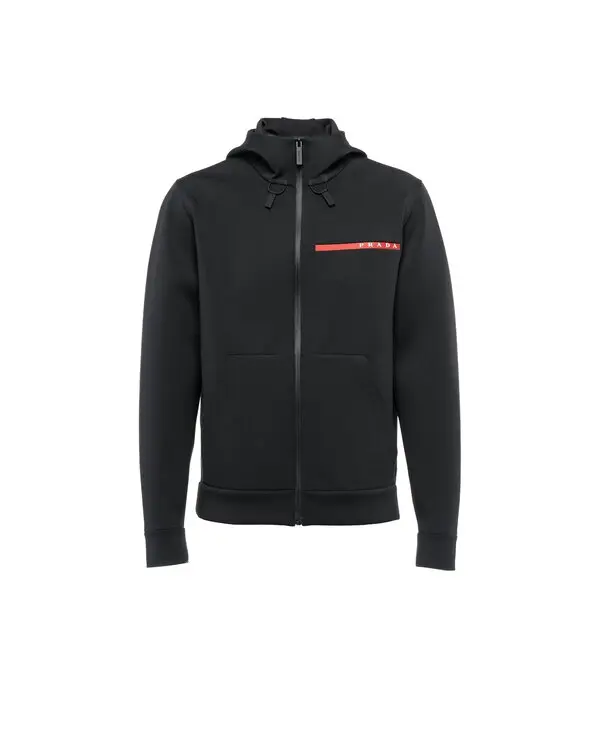 Prada Technical Fabric Zip-up Hoodie With Logo Badge - Black
