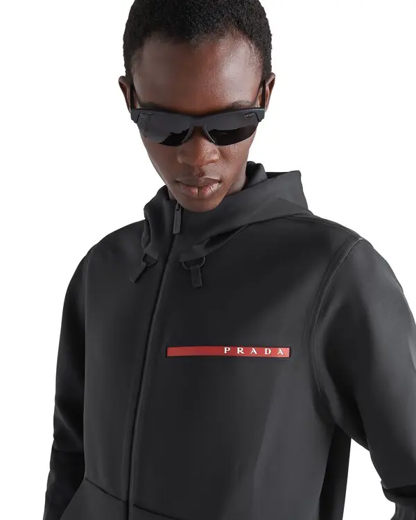 Prada Technical Fabric Zip-up Hoodie With Logo Badge - Black