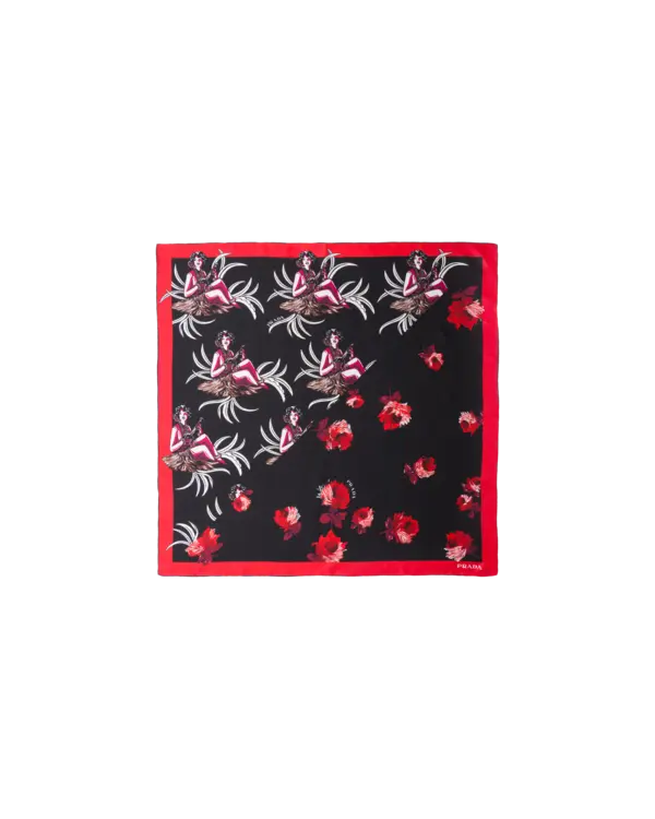 Prada Double Match Hawaii Printed Silk Scarf 90x90 - Red/Black