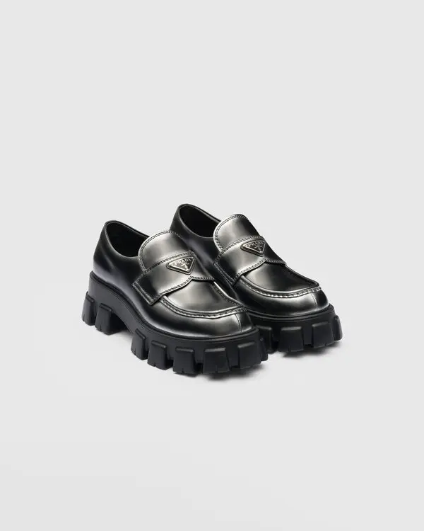 Prada Monolith Nuanced Brushed Leather Loafers - Black/Silver
