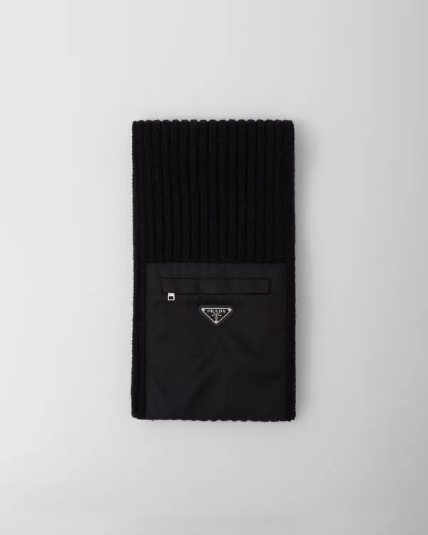 Prada Wool Scarf With Re-nylon Gabardine Pocket - Black