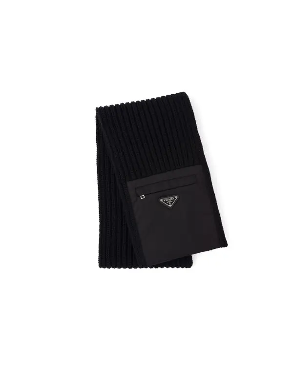 Prada Wool Scarf With Re-nylon Gabardine Pocket - Black