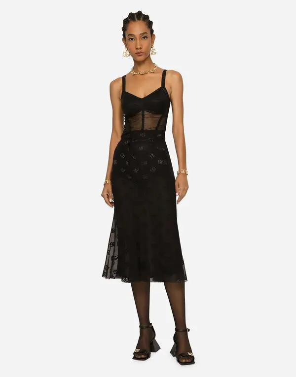 Dolce & Gabbana Devoré Satin Skirt With Dg Logo - Black