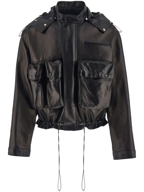 FERRAGAMO Drawstring Hood Leather Jacket - Black