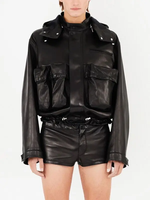 FERRAGAMO Drawstring Hood Leather Jacket