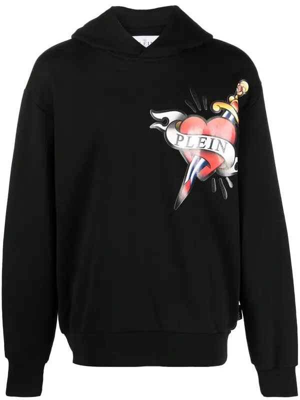 Philipp Plein Heart & Dagger Print Hoodie - Black
