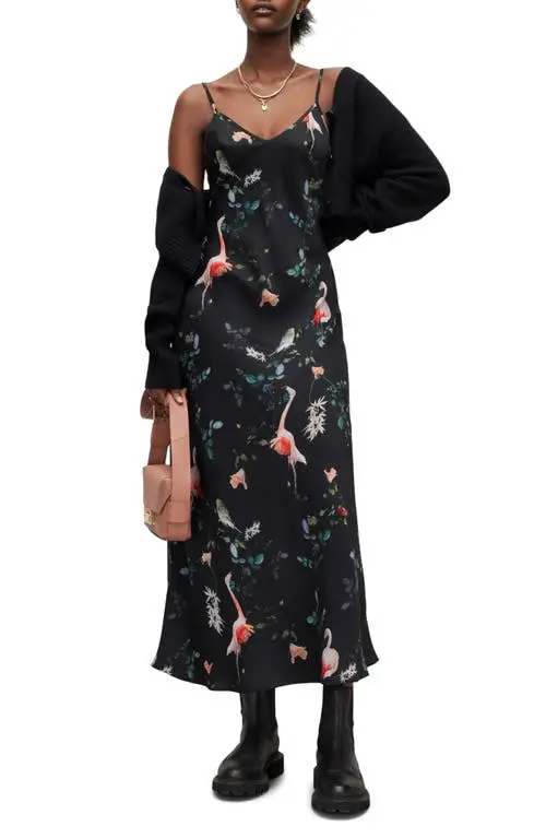 ALLSAINTS Bryony Fabia Midi Slipdress Floral & Flamingo Print