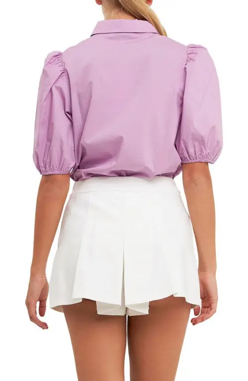 English Factory Button-front Puff Sleeve Blouse