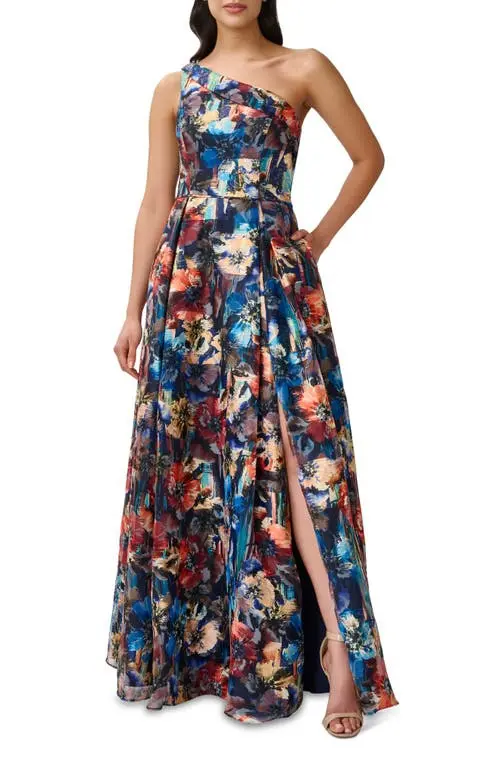 knee length dresses for ladies Blue Multi Metallic Iris Floral Organza Gown