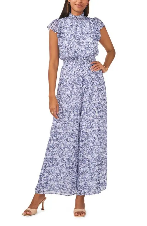 Chaus Floral Flutter Sleeve Mock Neck Jumpsuit - White/blue