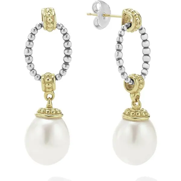 Lagos Luna Pearl Drop Hoop Earrings - Gold